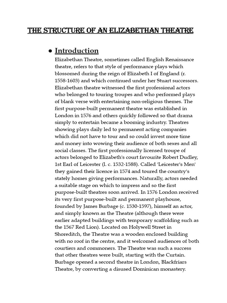 Structure Of Elizabethan Theatre The History Of Theatre According To