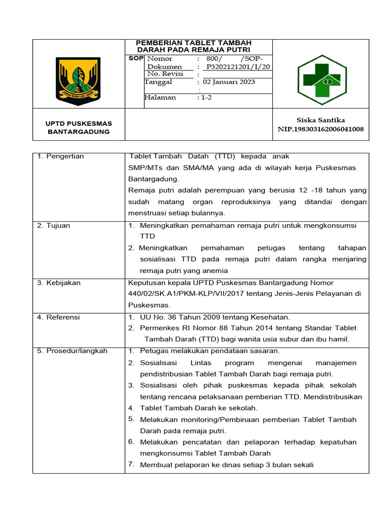 Pemberian Tablet Tambah Darah Remaja Putri | PDF | Kesehatan Holistik