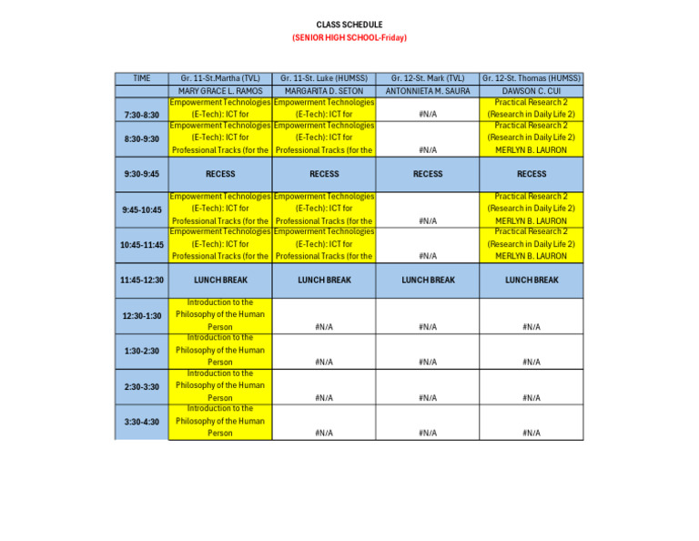 Class Schedule Shs Friday | PDF | Social Science | Foreign Language Studies