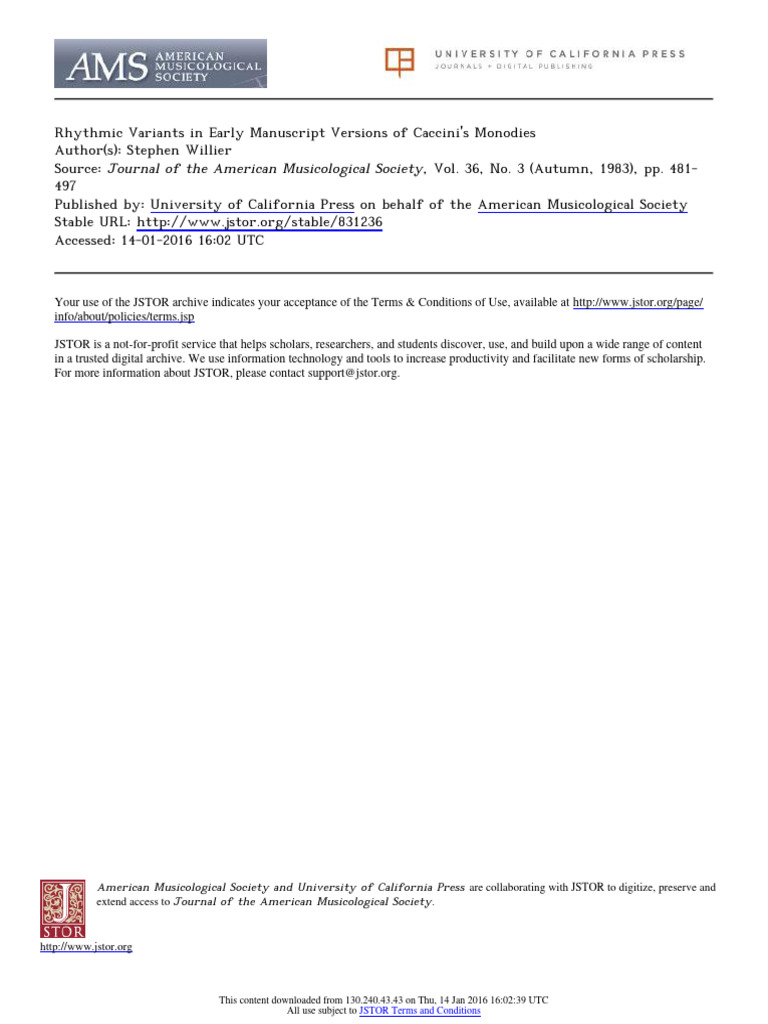 19.rhythmic Variants in Early Manuscript Versions of Caccini's Monodies ...