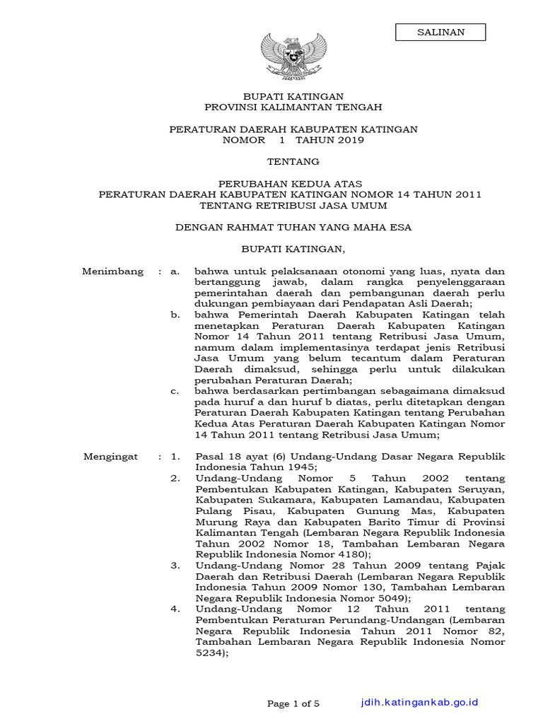 Perda Katingan No 1 Tahun 2019 TTG Perub Kedua Perda No 14 Tahun 2011 | PDF