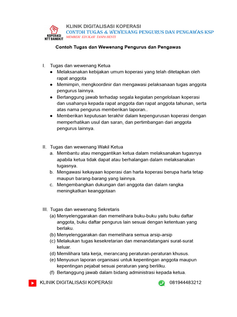 Contoh Tugas Dan Wewenang Pengurus Dan Pengawas | PDF
