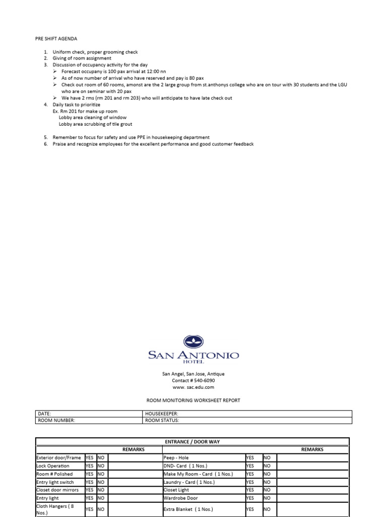 Housekeeping Room Monitoring Report | PDF | Bathroom | Shower