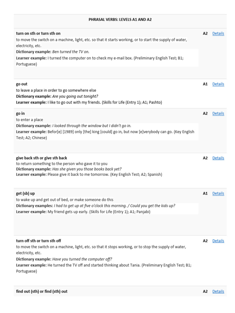 EVP - Phrasal Verbs - Level A1 and A2 | PDF