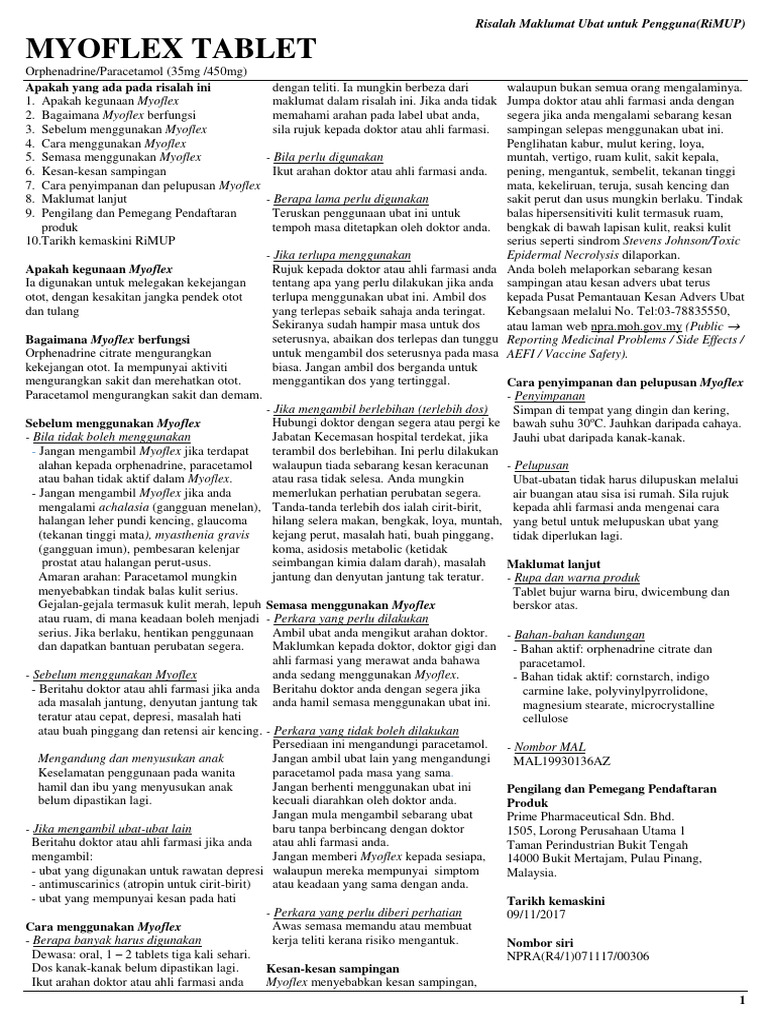 Myoflex Tablet Orphenadrine Paracetamol Prime Pharmaceutical SDN BHD 9 ...