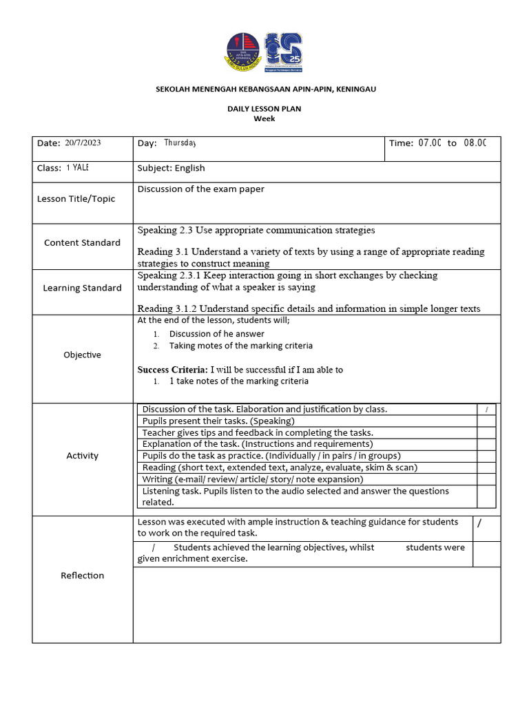 Form 1 LP Template | PDF | Lesson Plan | Human Communication