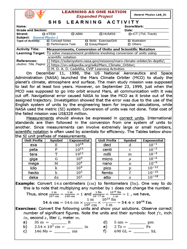 Gen Physics 1 LAS 1 Measurements, Conversion of Units and Scientific ...