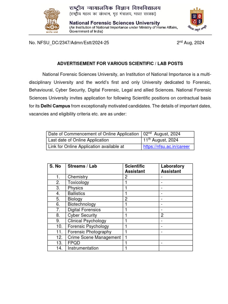 Advt NFSU | PDF | Academic Degree | Science