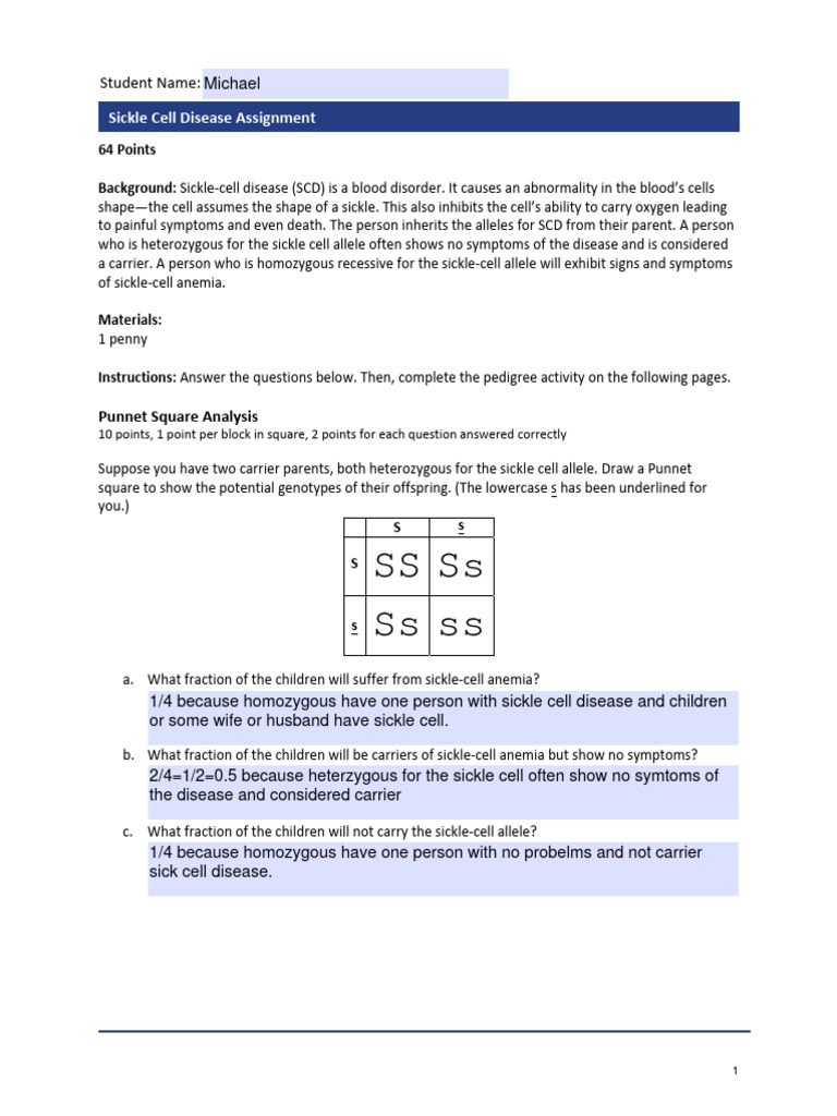 Sickle Cell Disease Assignment Guide | PDF | Genotype | Zygosity