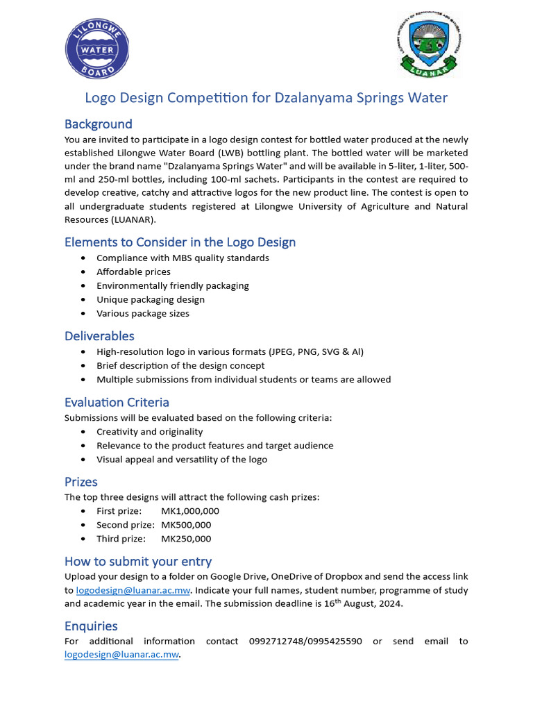 Advert - Logo Design Competition For Dzalanyama Springs Water | PDF ...