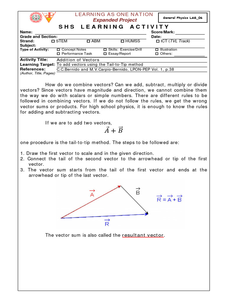 Gen Physics 1 LAS 6 Addition of Vectors | PDF