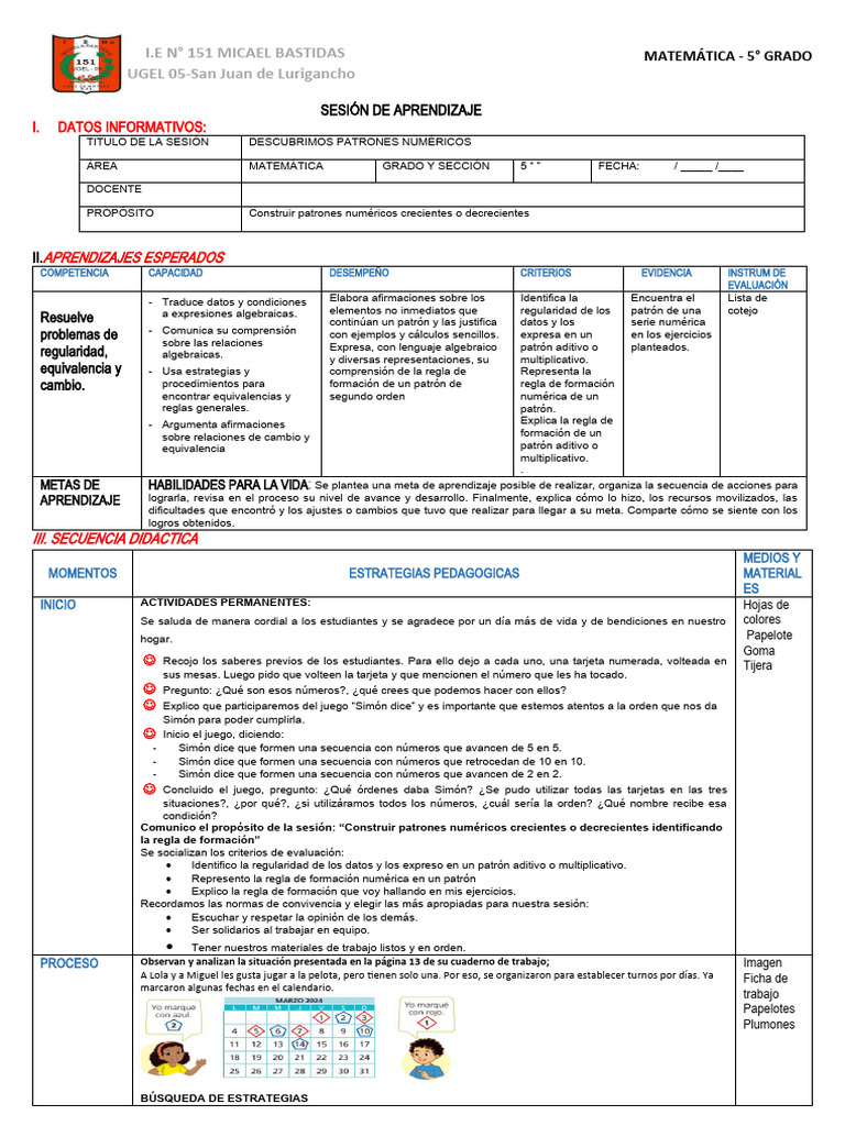 Patrones Numericos | PDF | Aprendizaje | Secuencia