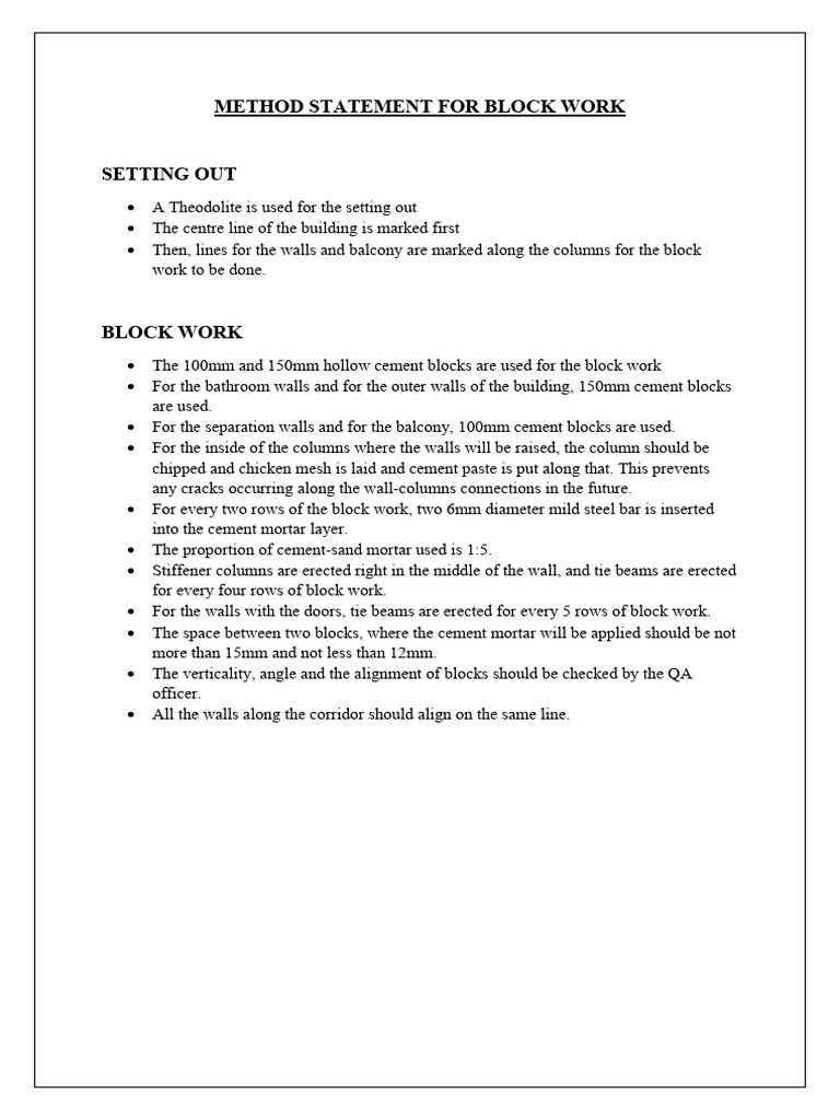 Method Statement For Block Work | PDF