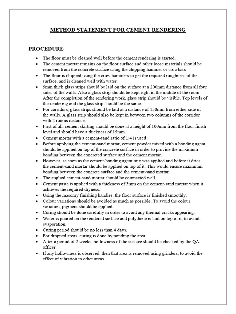 Method Statement For Cement Rendering | PDF | Concrete | Mortar (Masonry)