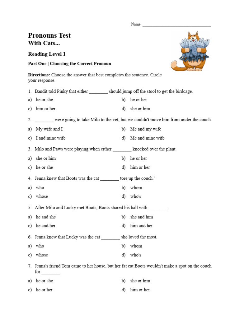 Pronouns Test Reading Level 01 | PDF