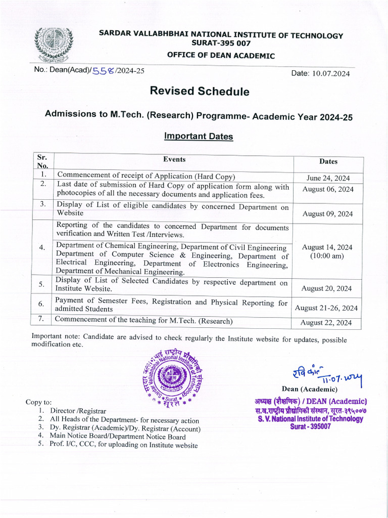 Revised Schedule MTech (R) 2024 25 | PDF