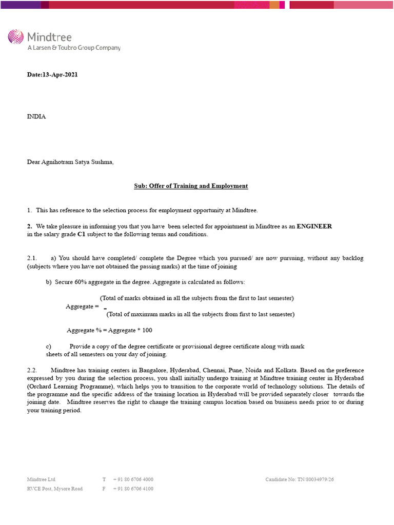 Mindtree Offer Letter - 1 | PDF | Insurance | Employment