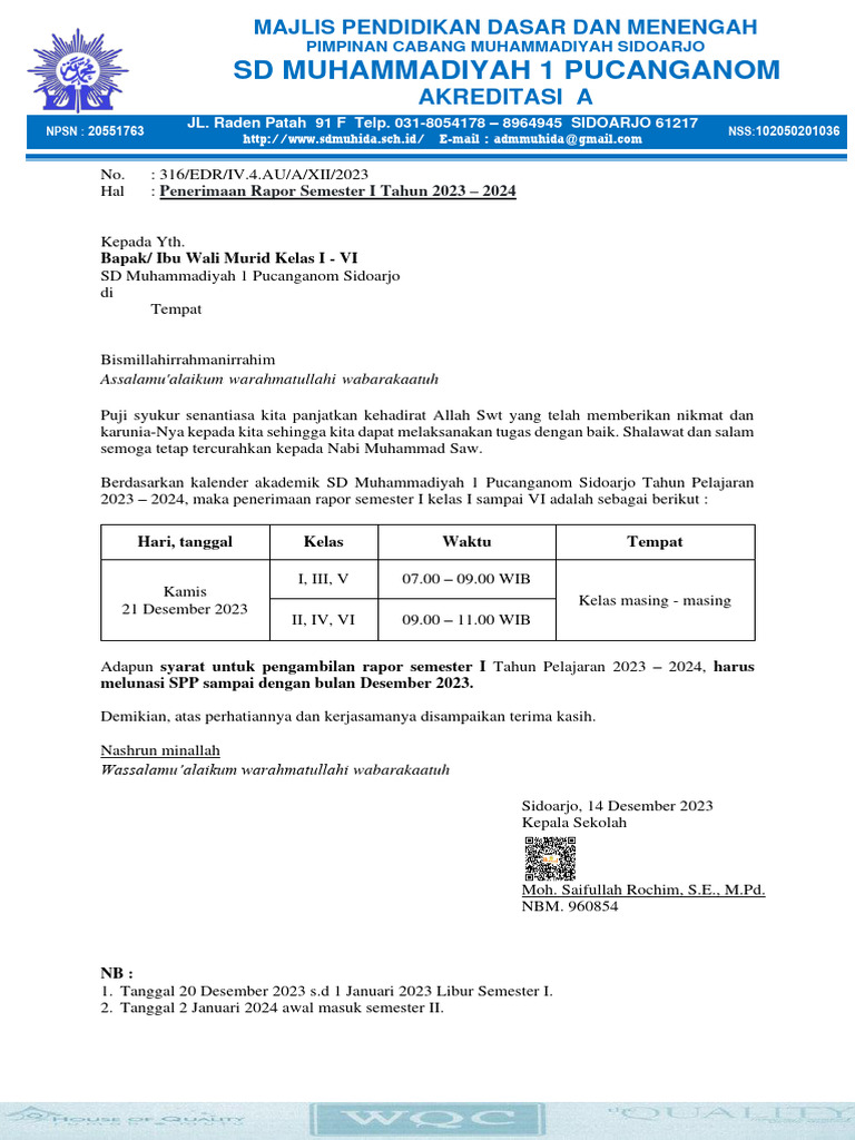 Edaran Penerimaan Rapor Semester I Tahun Pelajaran 2023-2024 | PDF