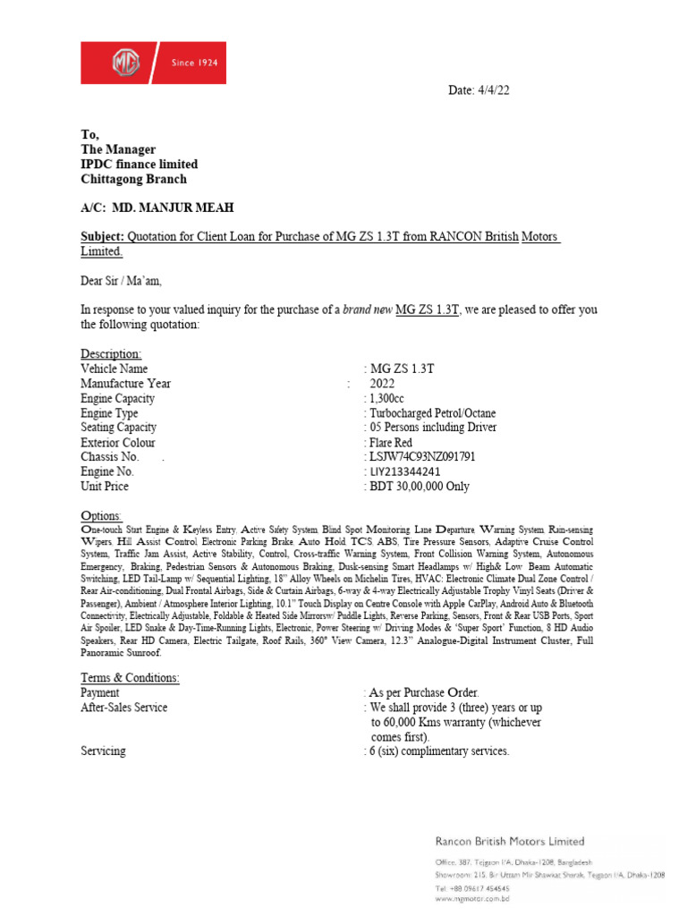 MG ZS 1.3T Loan Quotation Offer | PDF | Automotive Technologies | Motor Vehicle