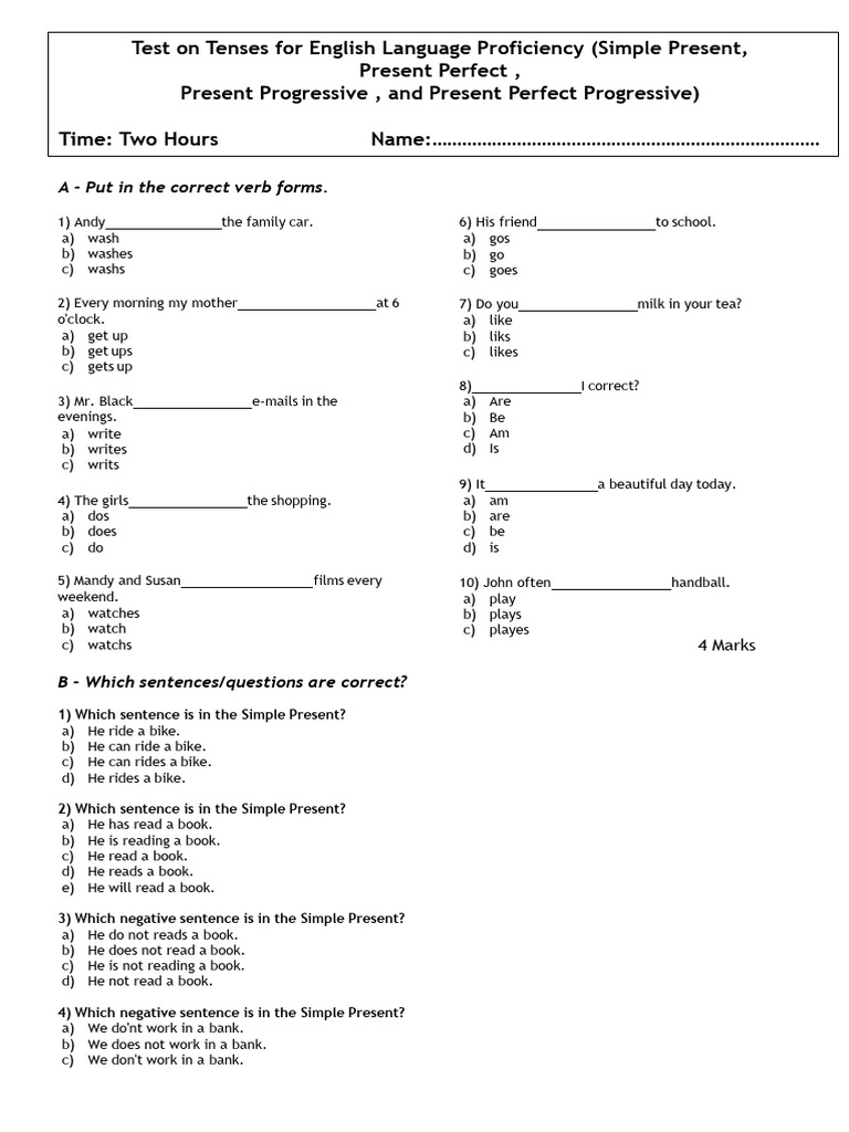 Test On Tenses (Simple Present, Present Perfect, PP and PPC) | PDF ...
