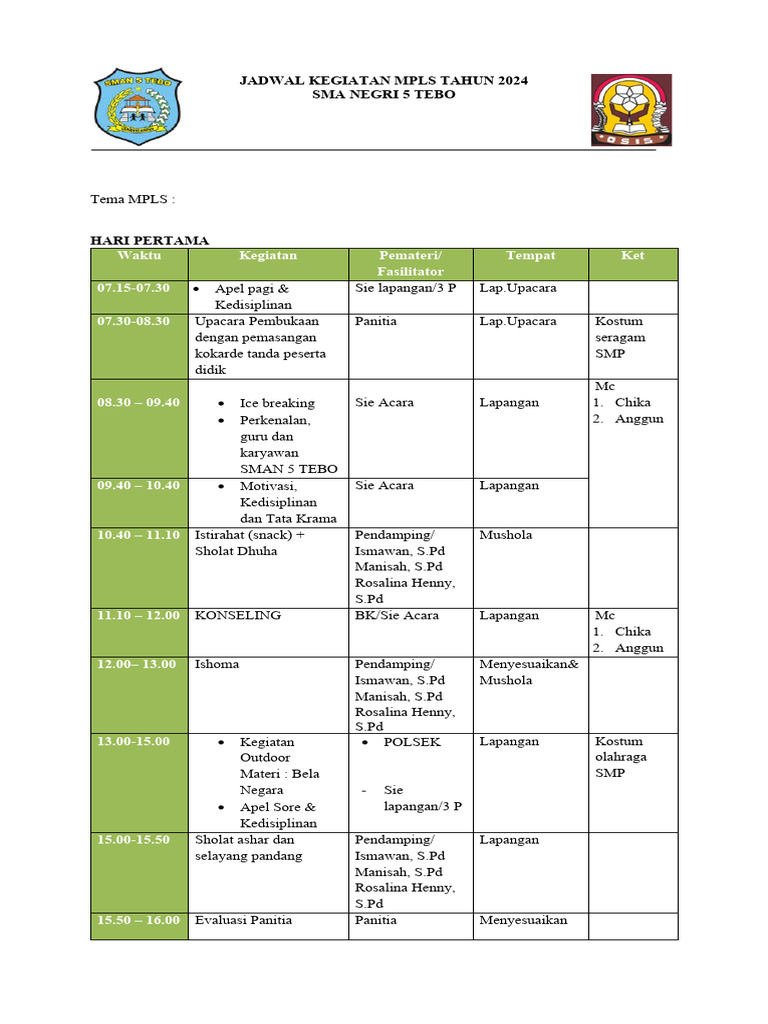 Jadwal MPLS SMP 2024 SMAN 5 Tebo | PDF