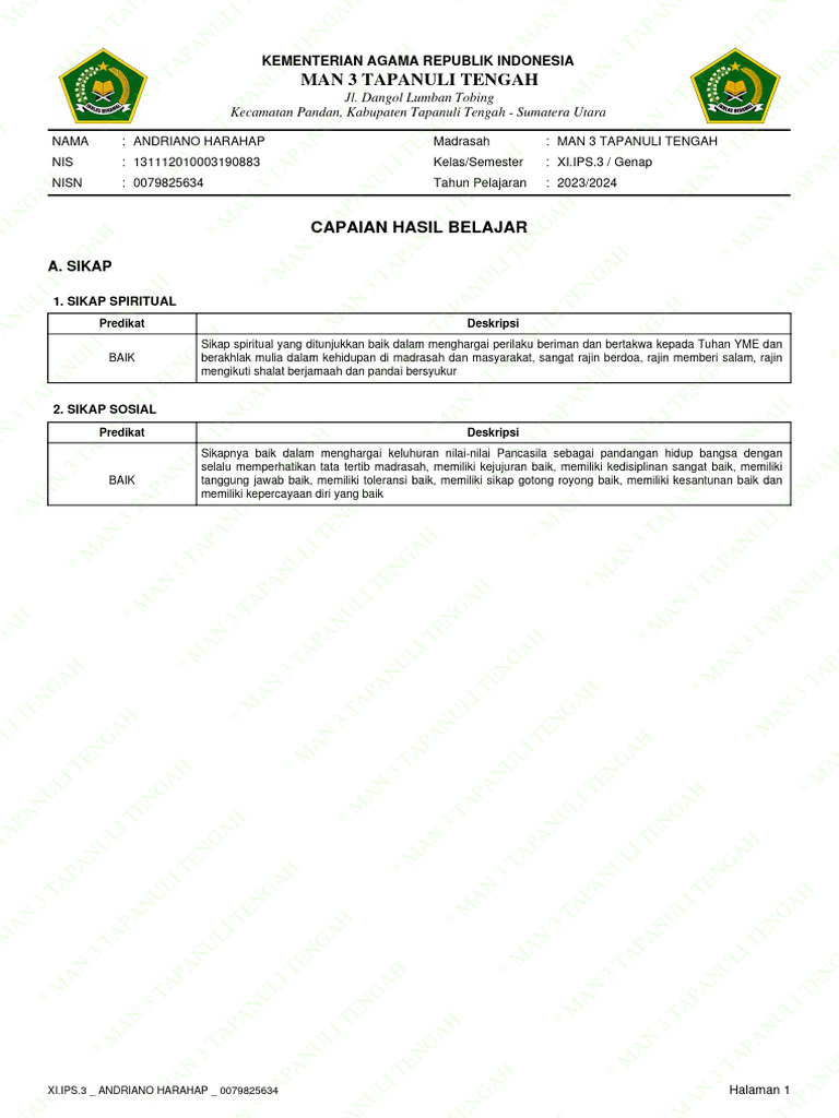 Rapor Kelas XI - Ips.3 | PDF