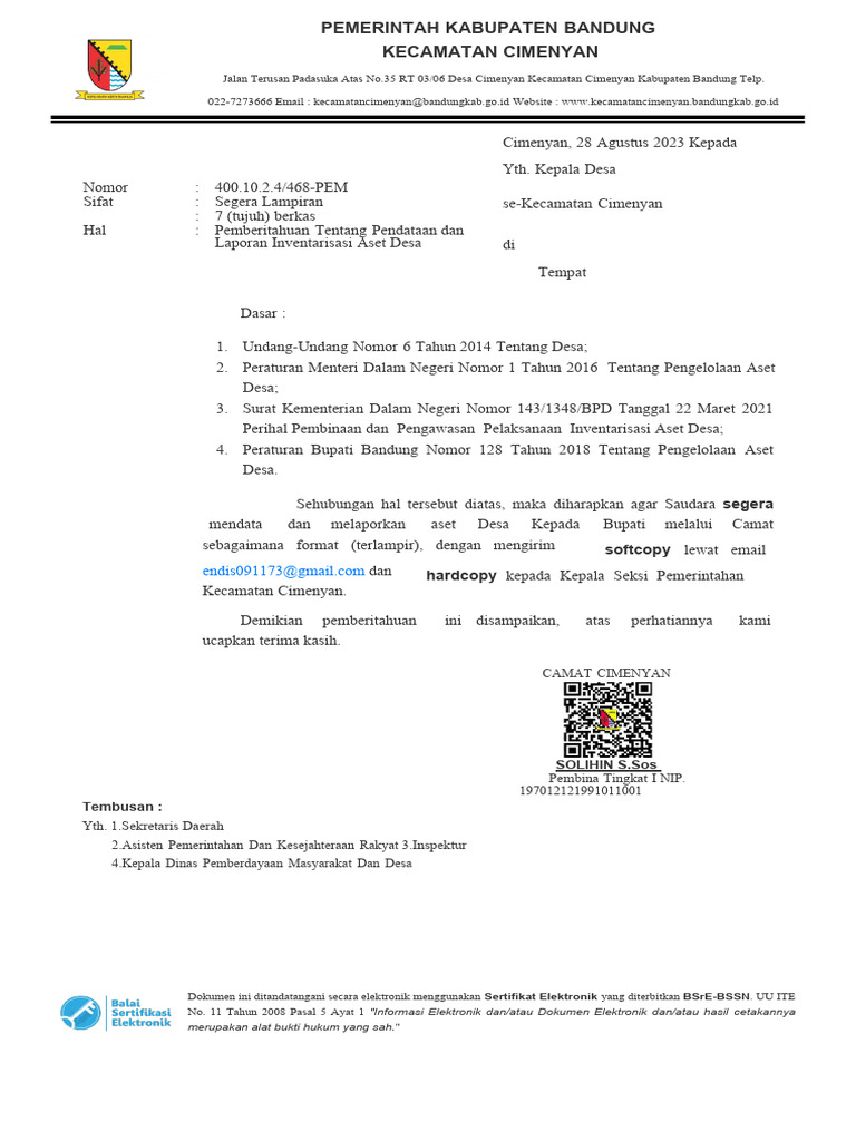 Surat Pemberitahuan Ttg Laporan Dan Pendataan Aset Desa | PDF Surat Pemberitahuan Ttg Laporan Dan Pendataan Aset Desa | PDF