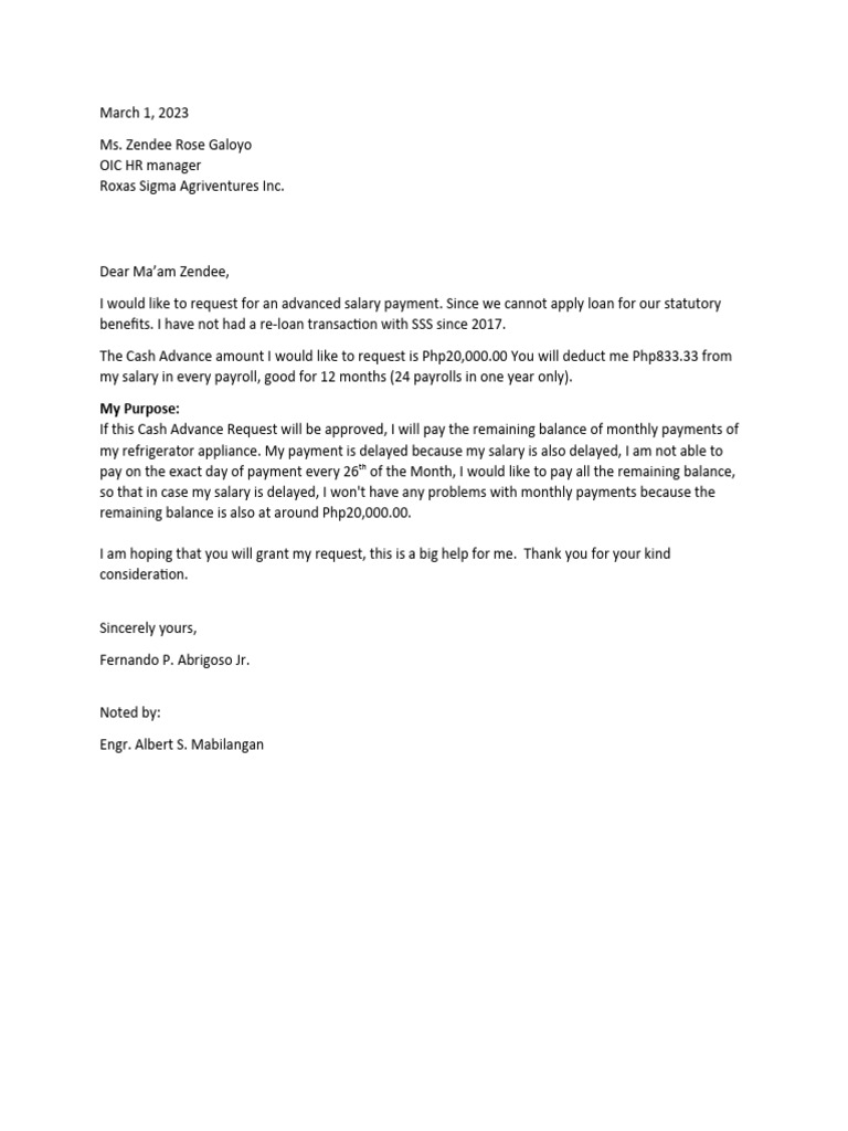 Cash Advance Letter (Loan) | PDF