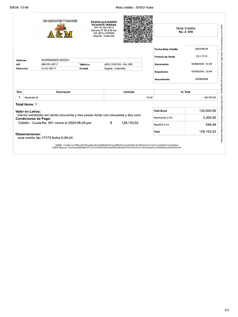 Nota Credito 610 Fac 17173 | PDF
