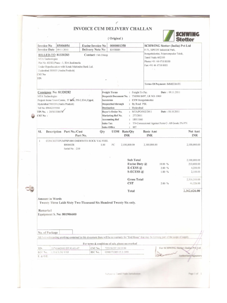 1800 Schwing Stetter Concrete Invoice | PDF