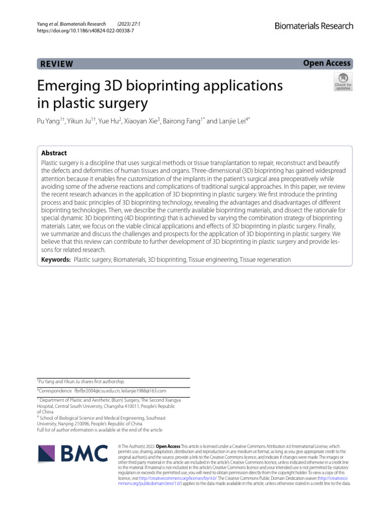 Emerging 3D Printing Applications in Plastic Surgery | PDF | Tissue ...