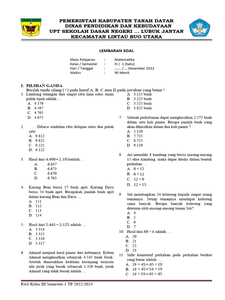 SOAL PAS 1 Matematika Kelas 3 | PDF