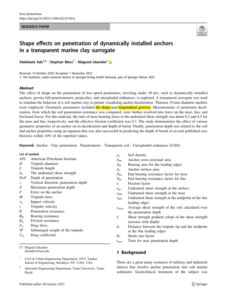 Ads - 2023 - Shape Effects On Penetration of Dynamically Installed ... Ads - 2023 - Shape Effects On Penetration of Dynamically Installed ...