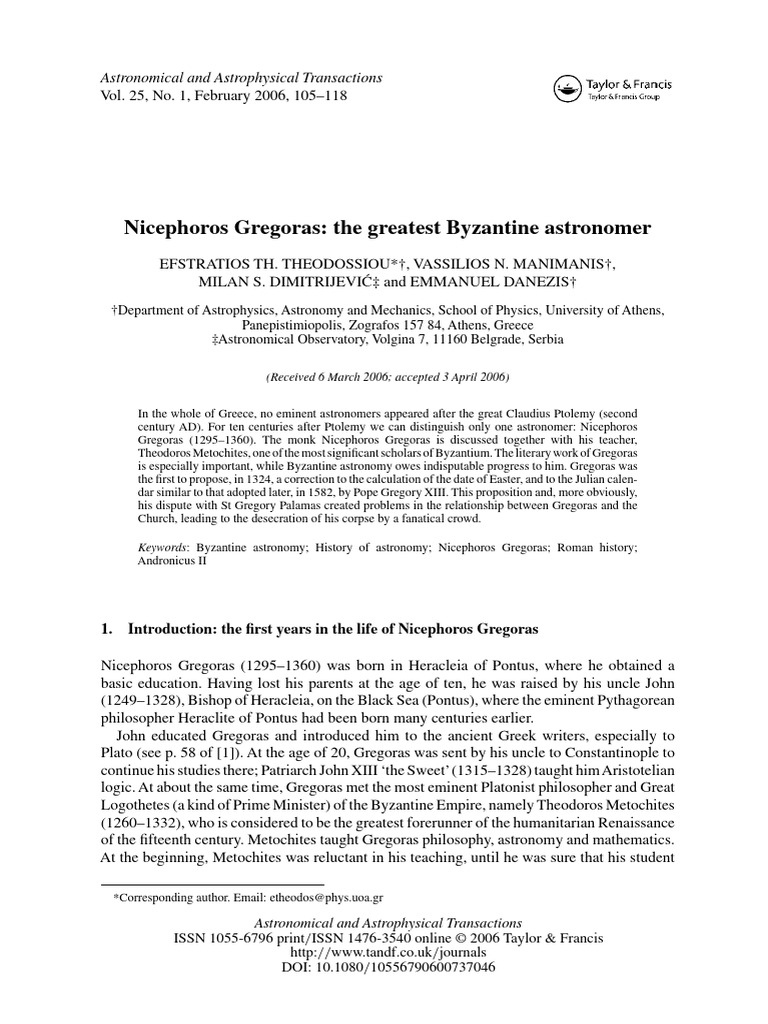 Nicephoros Gregoras: The Greatest Byzantine Astronomer: Astronomical ...