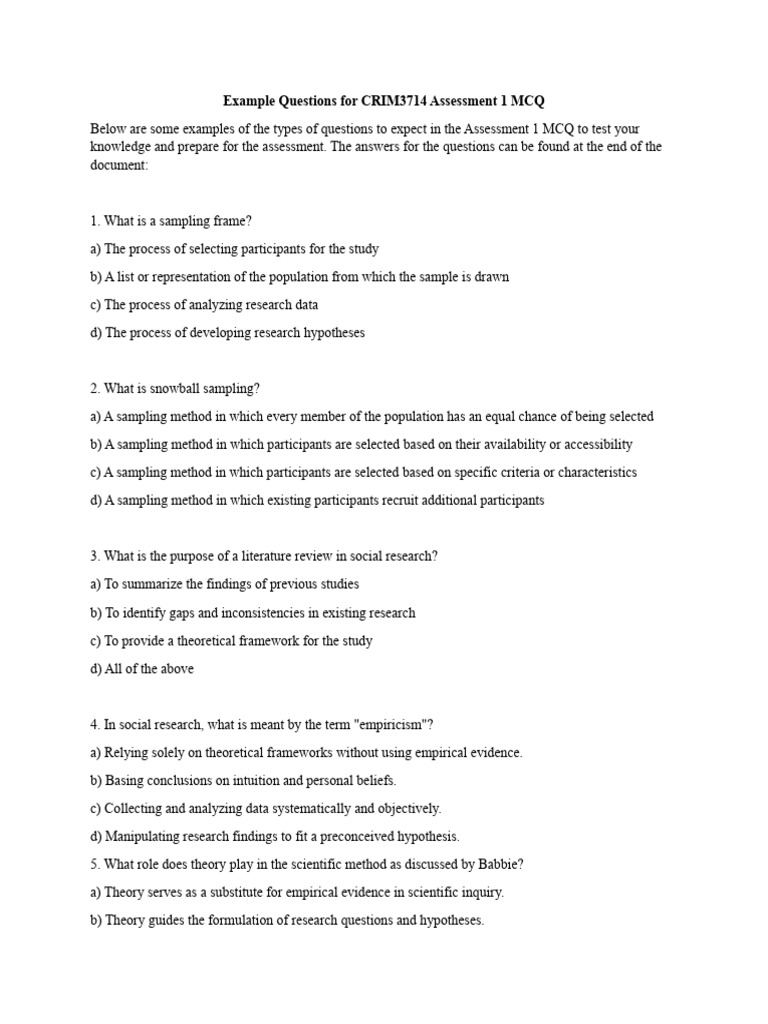 CRIM3714 MCQ Assessment Sample Questions | PDF | Methodology | Hypothesis