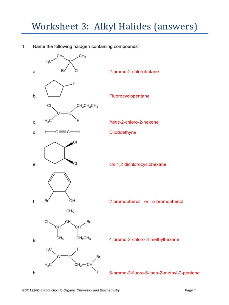 SCC1226 Worksheet 3 Alkyl Halides Answers 2023 | PDF | Chemical Reactions | Organic Chemistry