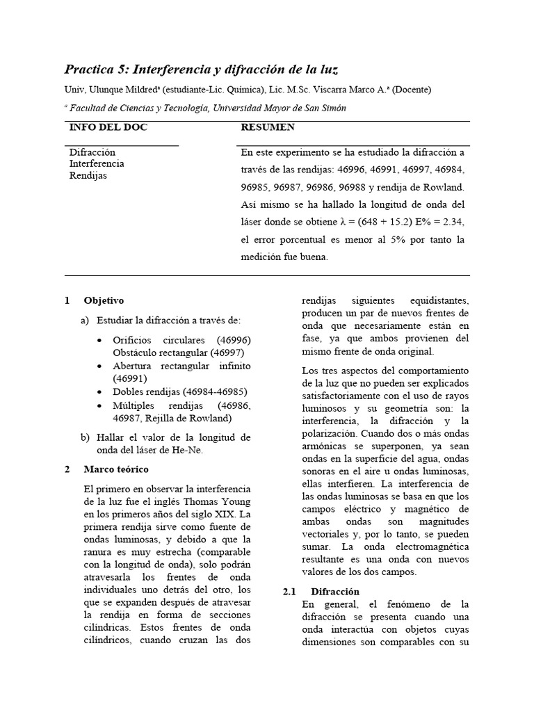 Practica 5 FISICA 4 | PDF | Difracción | Ligero