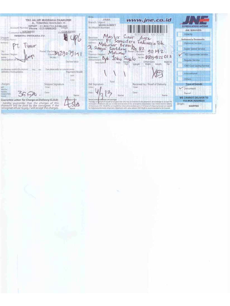 AWB JNE Marpol Sinar Agra | PDF