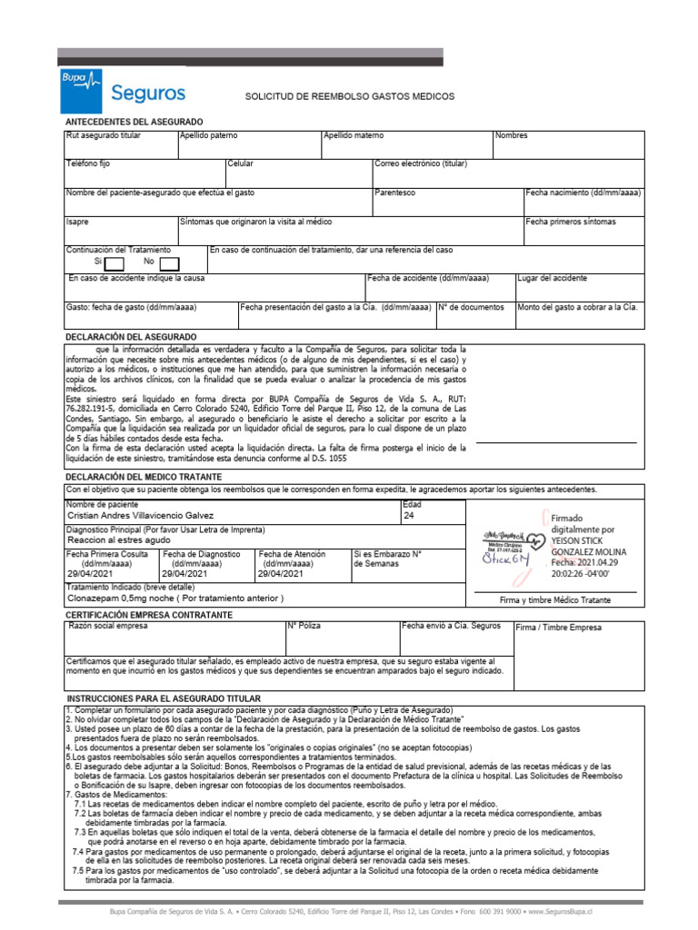 FORMULARIO PACIENTE | PDF | Póliza de seguros | Seguro