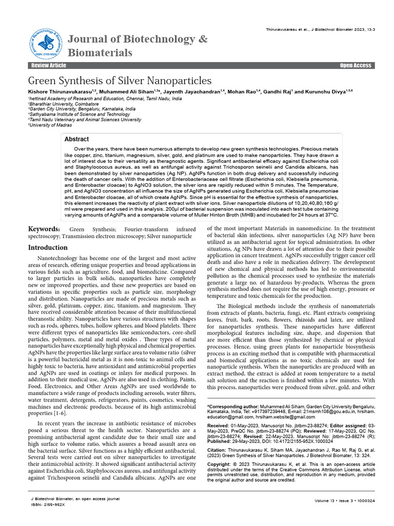 Green Synthesis of Silver Nanoparticles | PDF | Nanoparticle | Bacteria