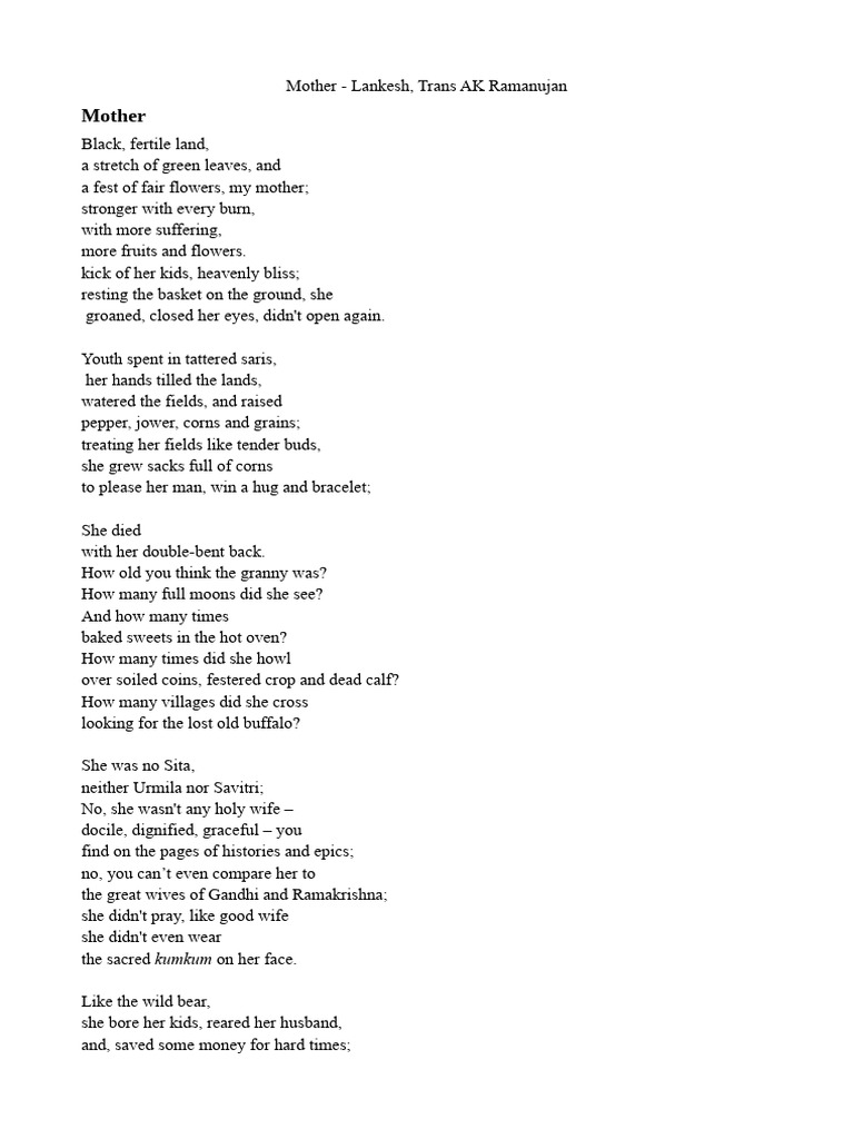 Tribute to Mother in P. Lankesh's Poetry | PDF | Poetry