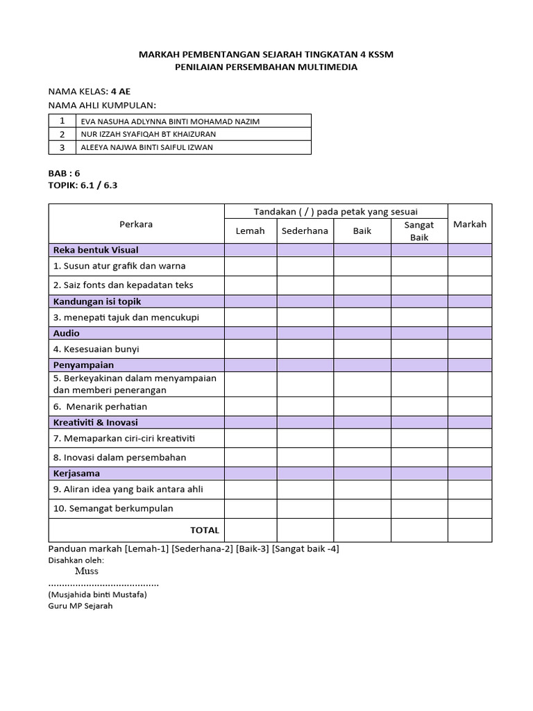 Borang Markah Kumpulan Pembentangan | PDF
