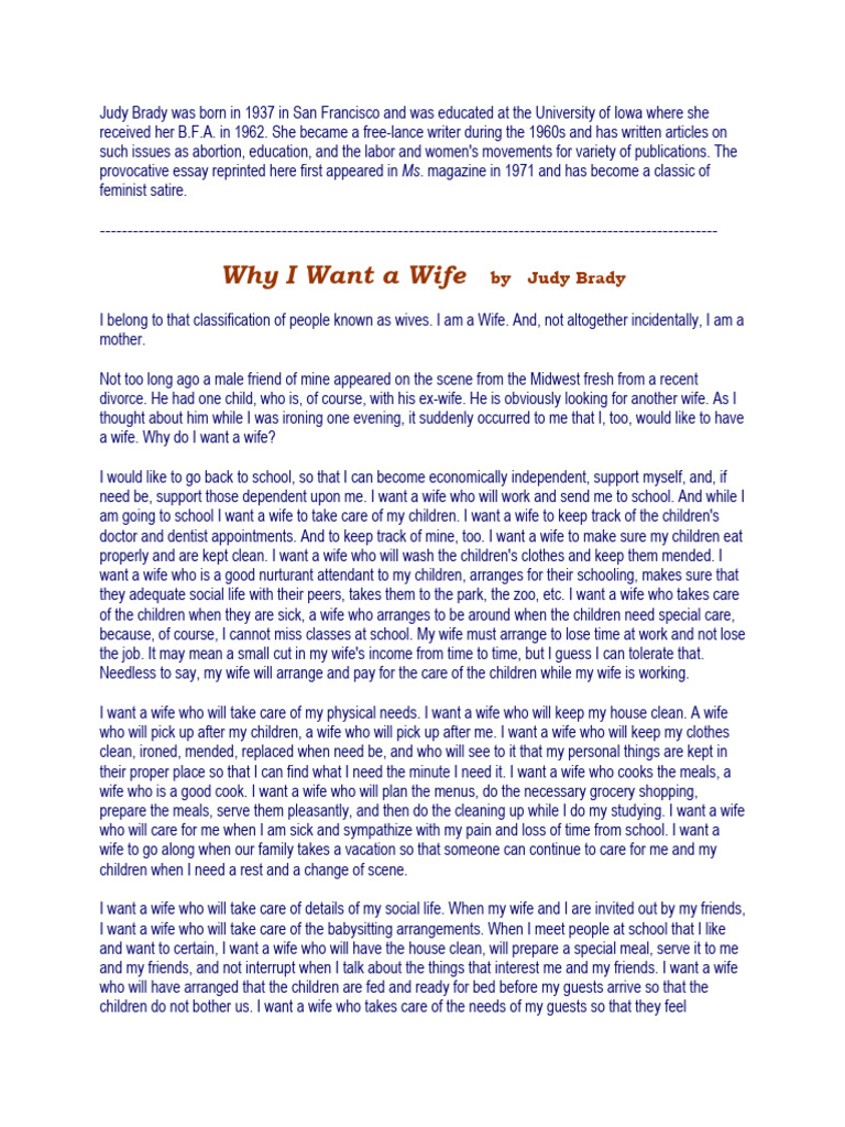Why I Want a Wife: A Feminist Perspective | PDF