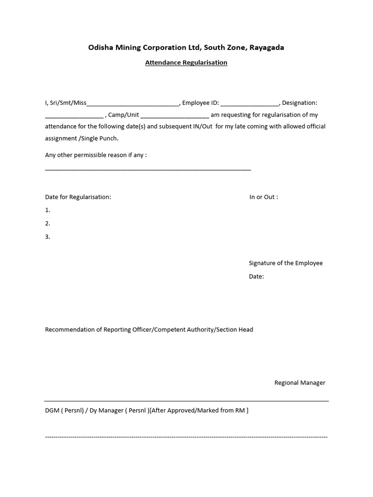 Attendance Regularisation Format (2) | PDF