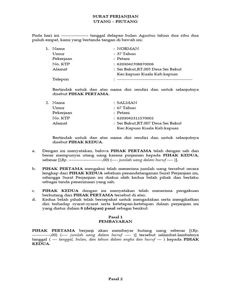 Surat Perjanjian Utang-Piutang 2024 | PDF