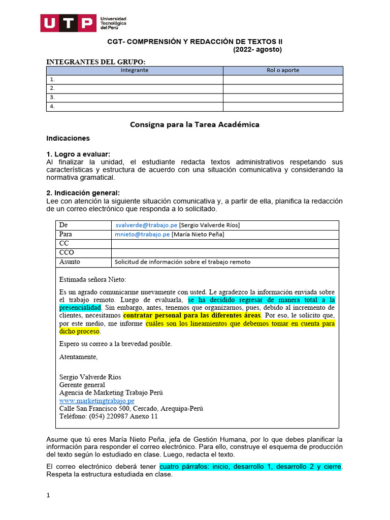 Consigna para La Tarea Académica (TA1) - .. | PDF | Verbo | Oración (Lingüística)