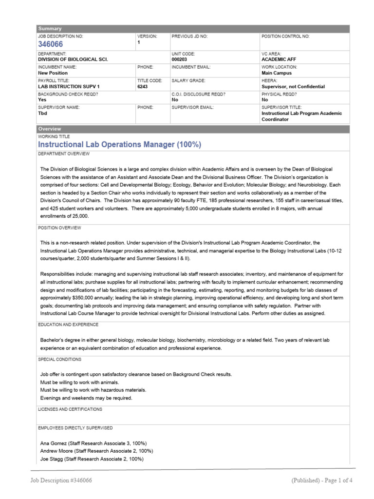 JobDescription - 346066 - Lab Operations Manager | PDF | Laboratories | Performance Appraisal