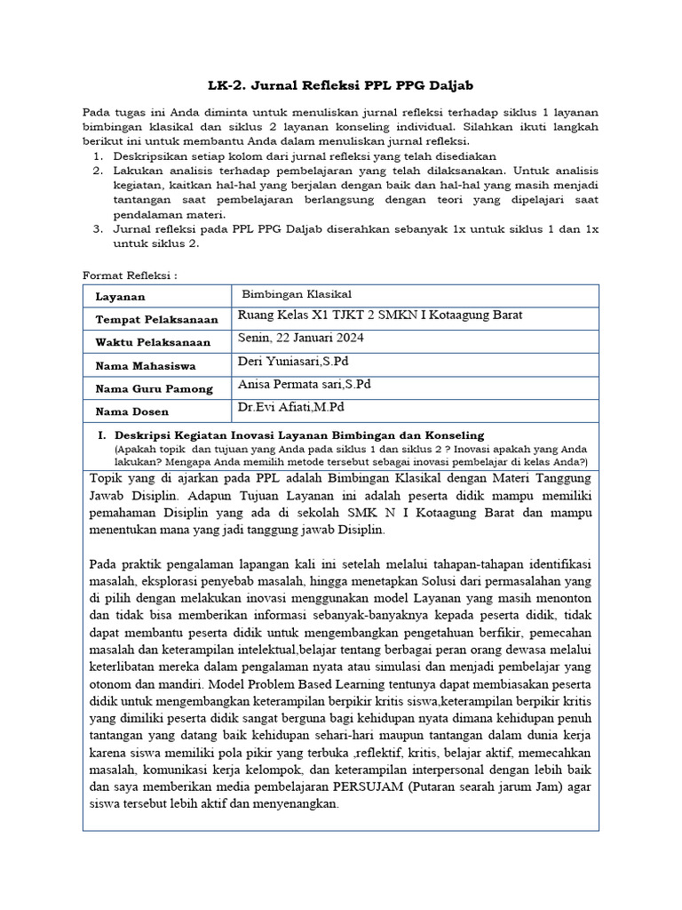 Refleksi PPL PPG Daljab: Inovasi BK | PDF | Karier & Perkembangan