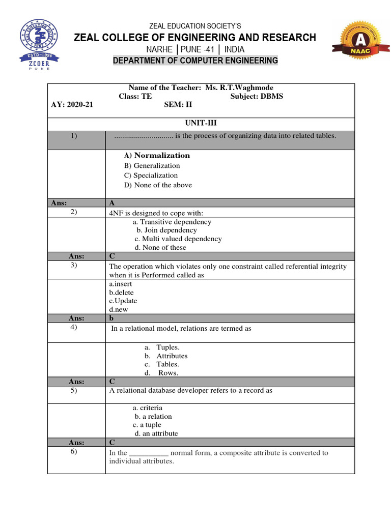 DBMS MCQ | PDF | Databases | No Sql