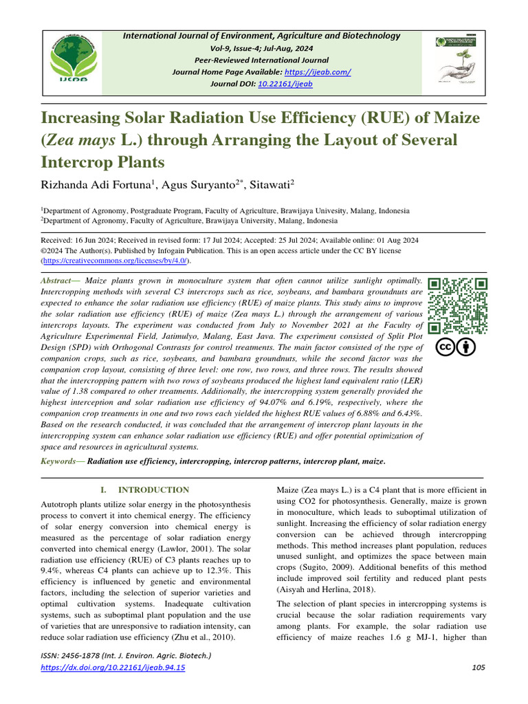 Increasing Solar Radiation Use Efficiency (RUE) of Maize (Zea Mays L ...